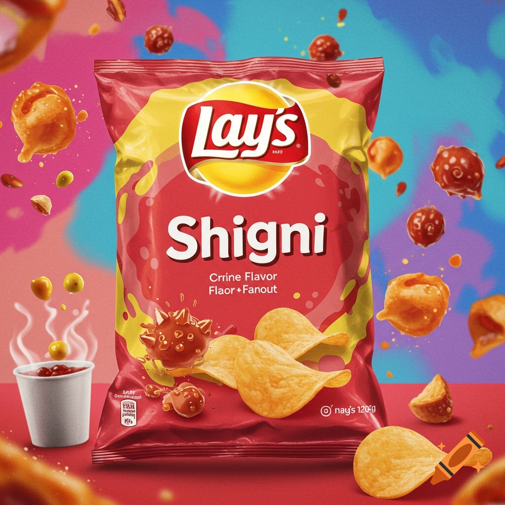 A Lay's 'Shigni' chip bag with floating chips and sauce. on Craiyon