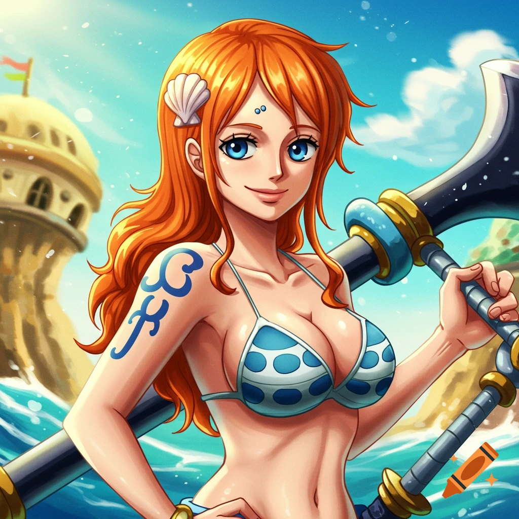 Nami from One Piece in an orange swimsuit on a tropical beach. on Craiyon