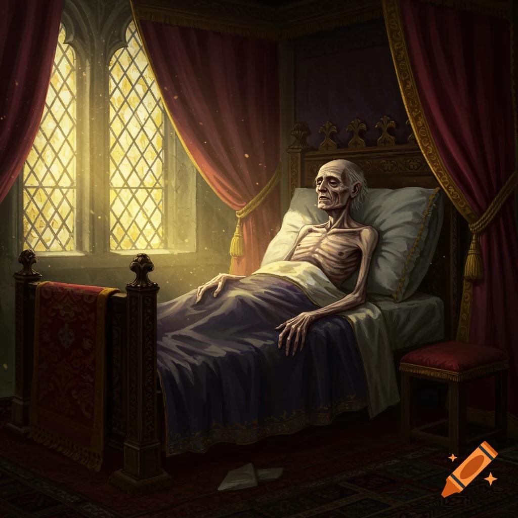 An elderly fantasy king in a medieval setting, frail and sick in bed ...