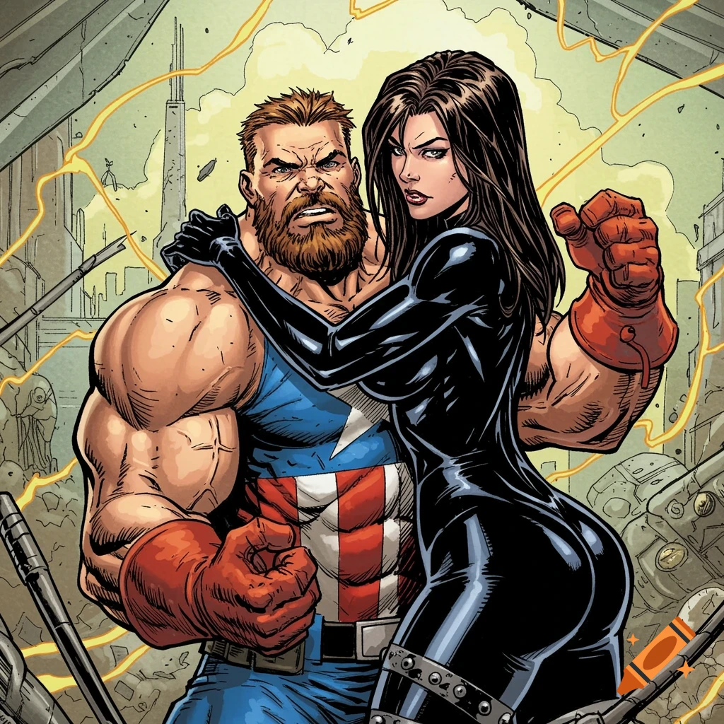 Comic book drawing of Captain America embracing a female villain on Craiyon