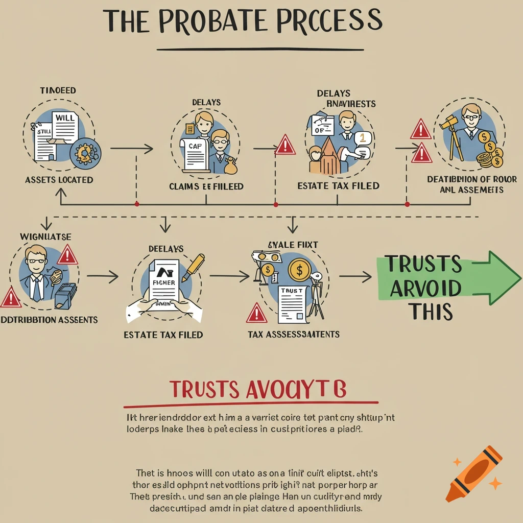 Probate timeline graphic showing steps, delays, and costs, with a green ...