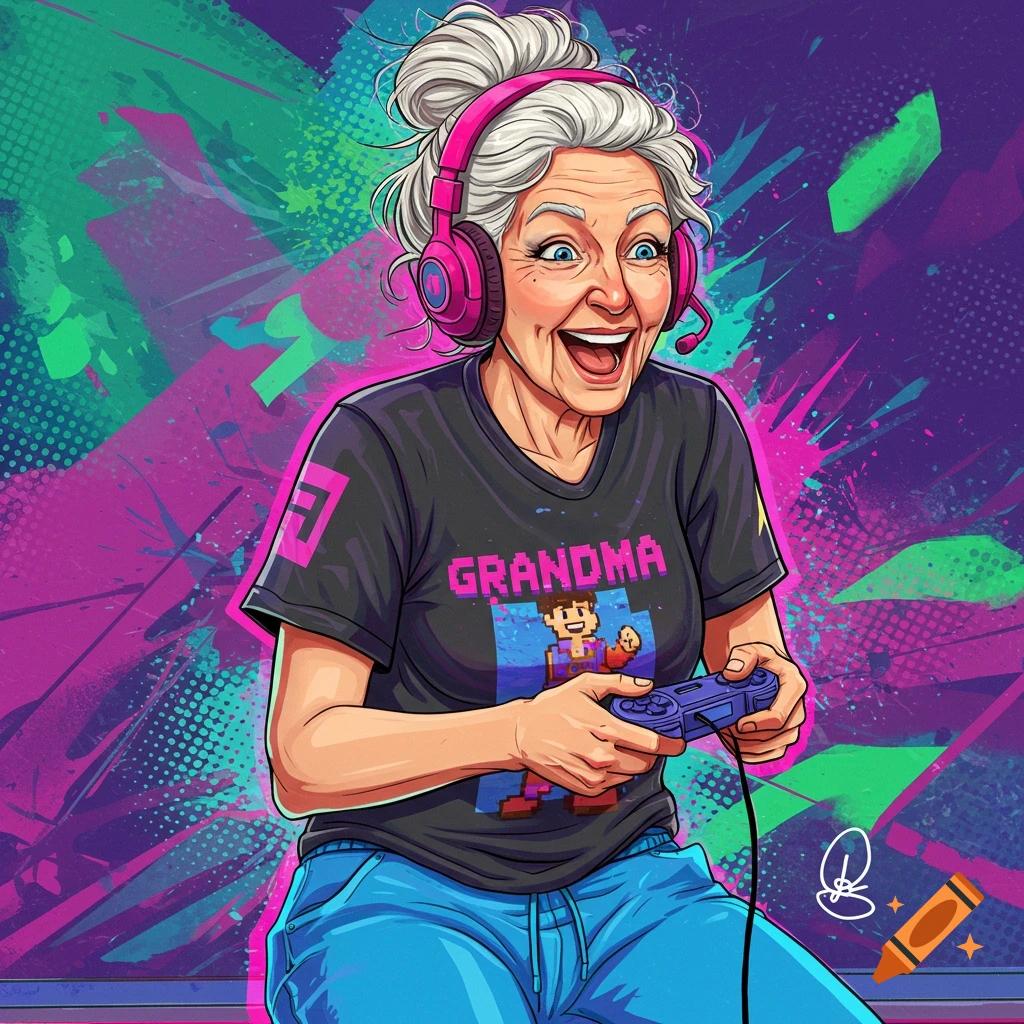 Grandmother playing video games on Craiyon