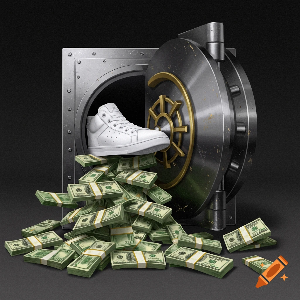 Sneaker on top of a vault with money flowing out on Craiyon