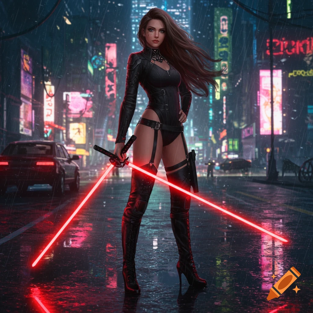 A woman with laser swords stands in a rainy cyberpunk city. on Craiyon