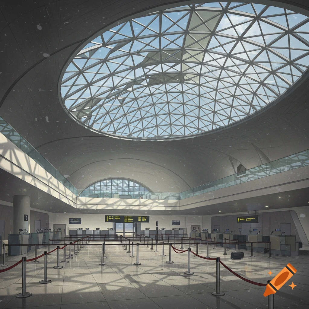 Modern airport interior with dome structure on Craiyon