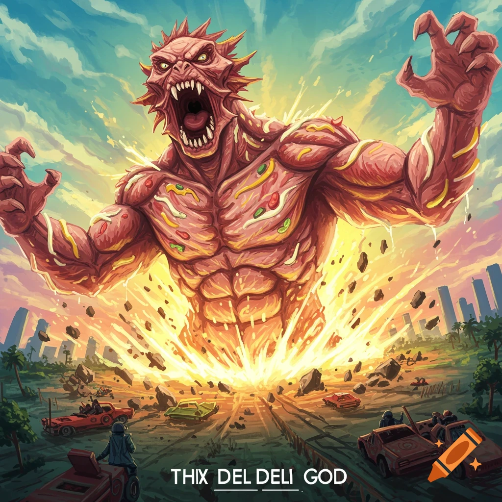 A massive red deli meat monster, a kaiju, bursts from the ground ...