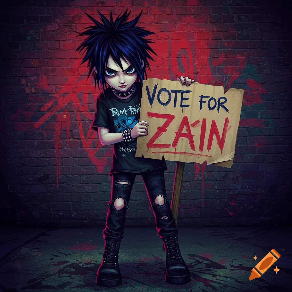 A stylized emo/punk character with blue hair holds a "VOTE FOR ZAIN ...