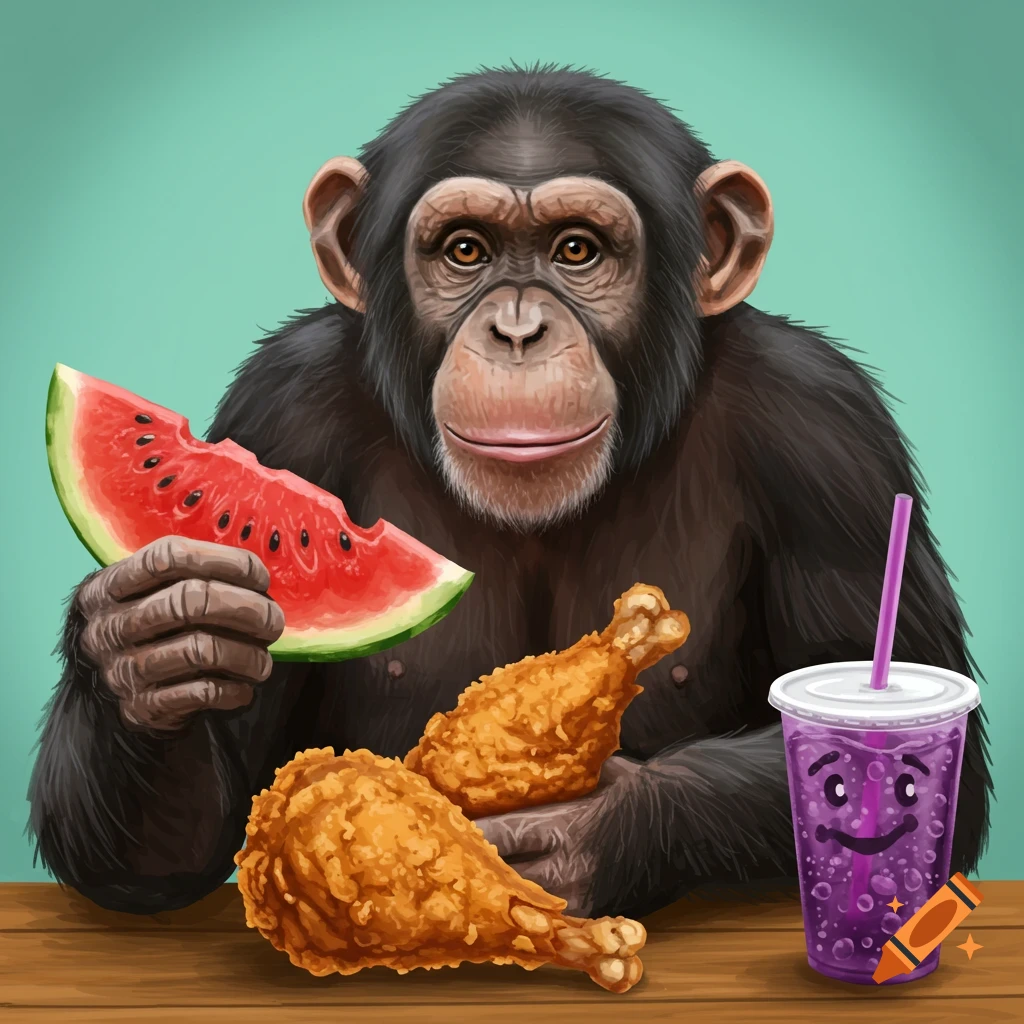 A chimpanzee holding a slice of watermelon and two pieces of fried ...