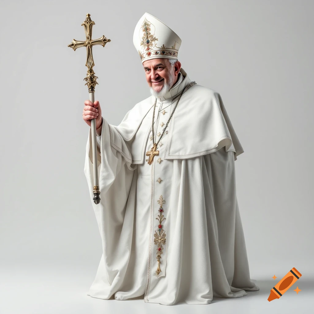 Willem Dafoe dressed as a pope in white and gold robes smiling on Craiyon