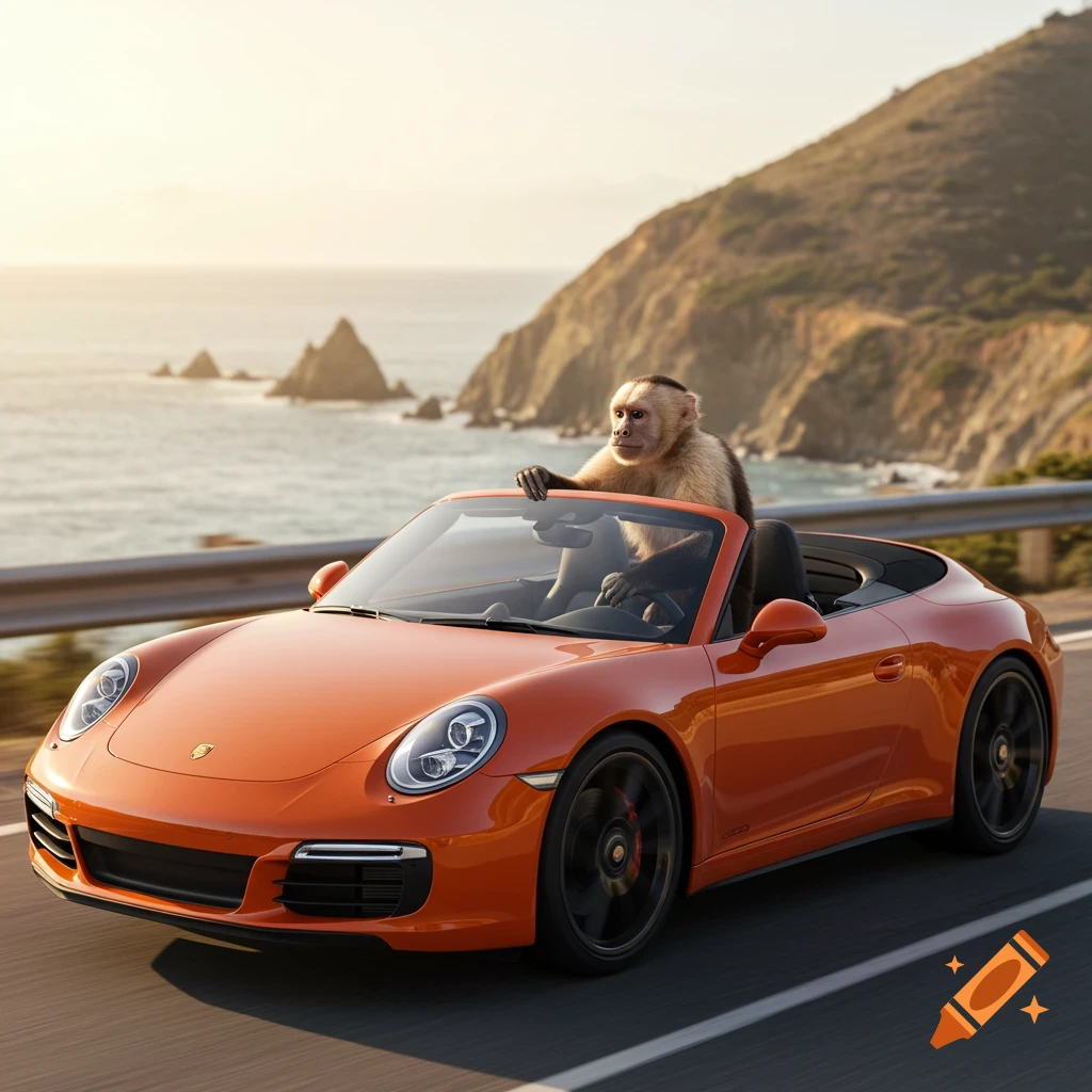 Monkey driving an orange Porsche 911 on Craiyon