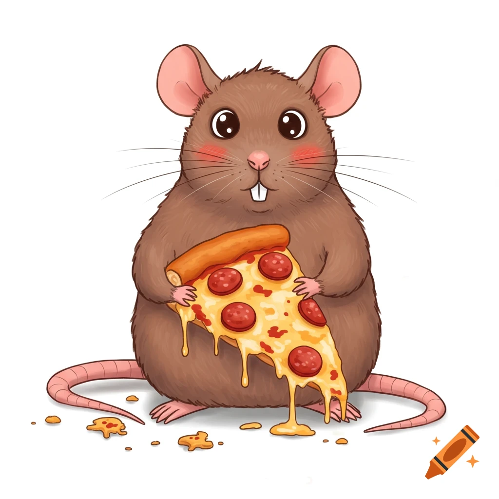 A fat rat in a black tuxedo drips melted cheese. Digital illustration ...