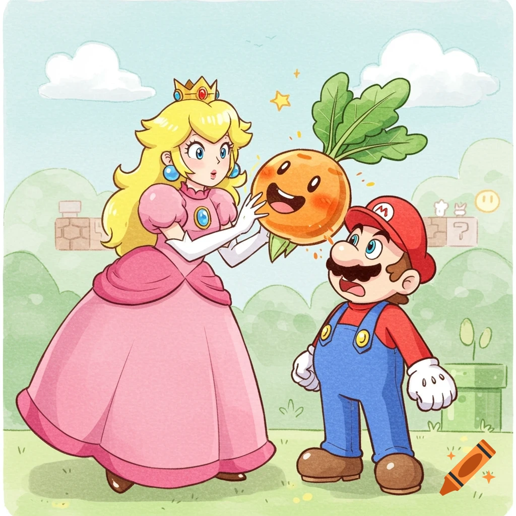 Watercolor of Princess Peach hitting Mario with a turnip on Craiyon
