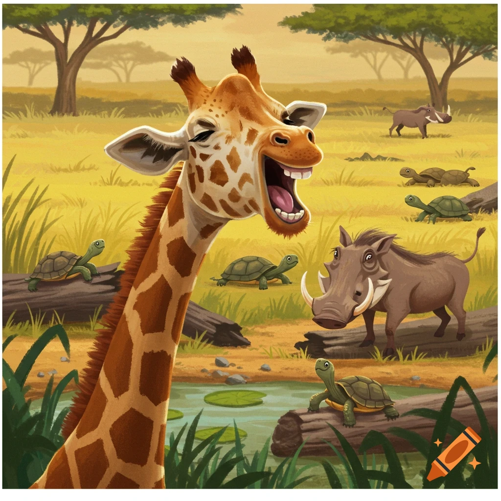 Giraffe laughing with turtles and warthogs in background on Craiyon