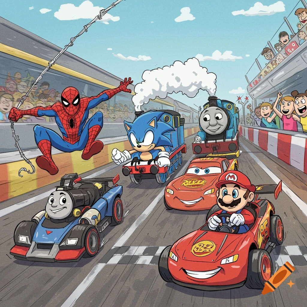 Spider-Man, Sonic, Thomas the Tank Engine, and Lightning McQueen racing ...