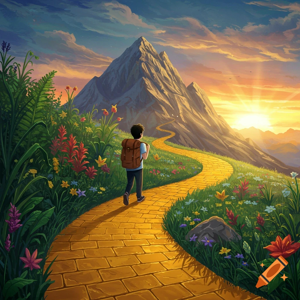 A person walks on a golden path up a mountain at sunset, surrounded by ...