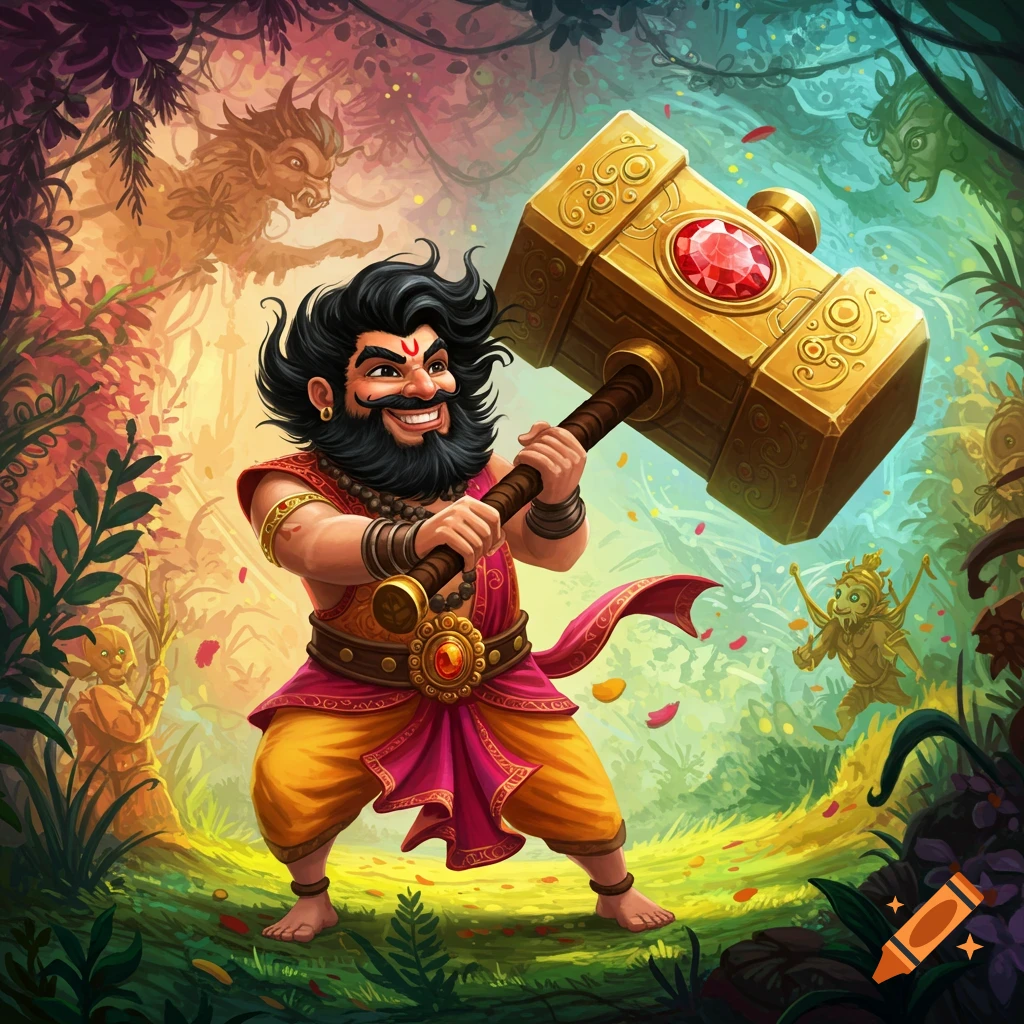 Hindu warrior with hammer, Bollywood style on Craiyon