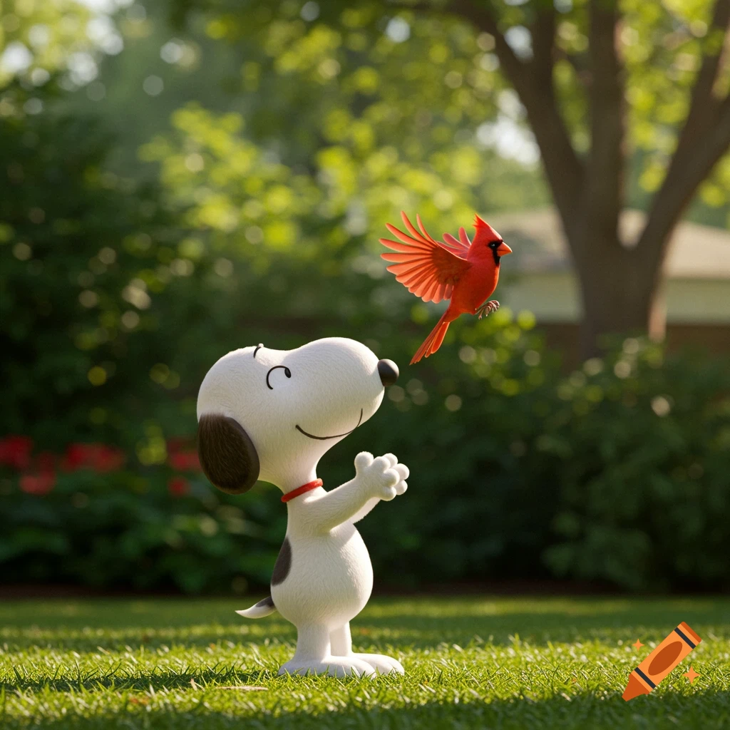 Snoopy and a cardinal flying on Craiyon