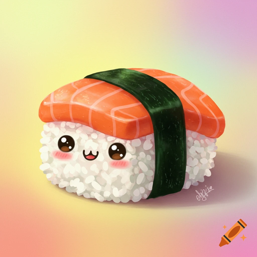 A cute anime-style chibi girl character dressed as a piece of salmon ...