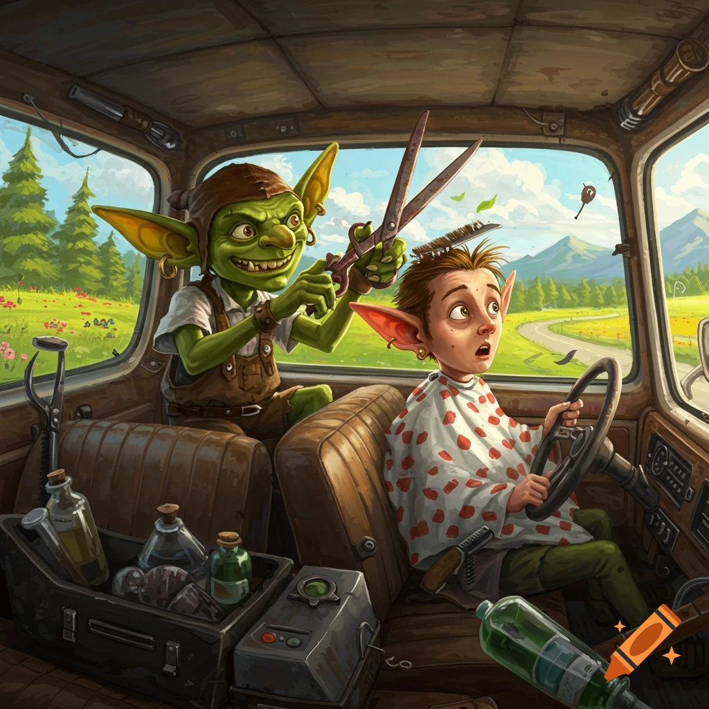 A goblin giving a haircut to the driver in a car. on Craiyon