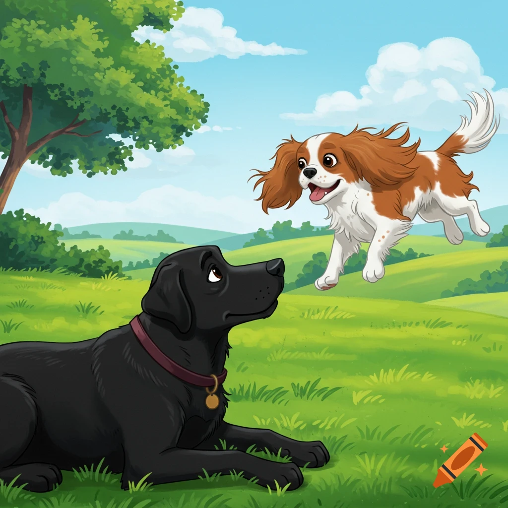 Cartoon of a black lab laying down, looking up at a jumping cavalier ...