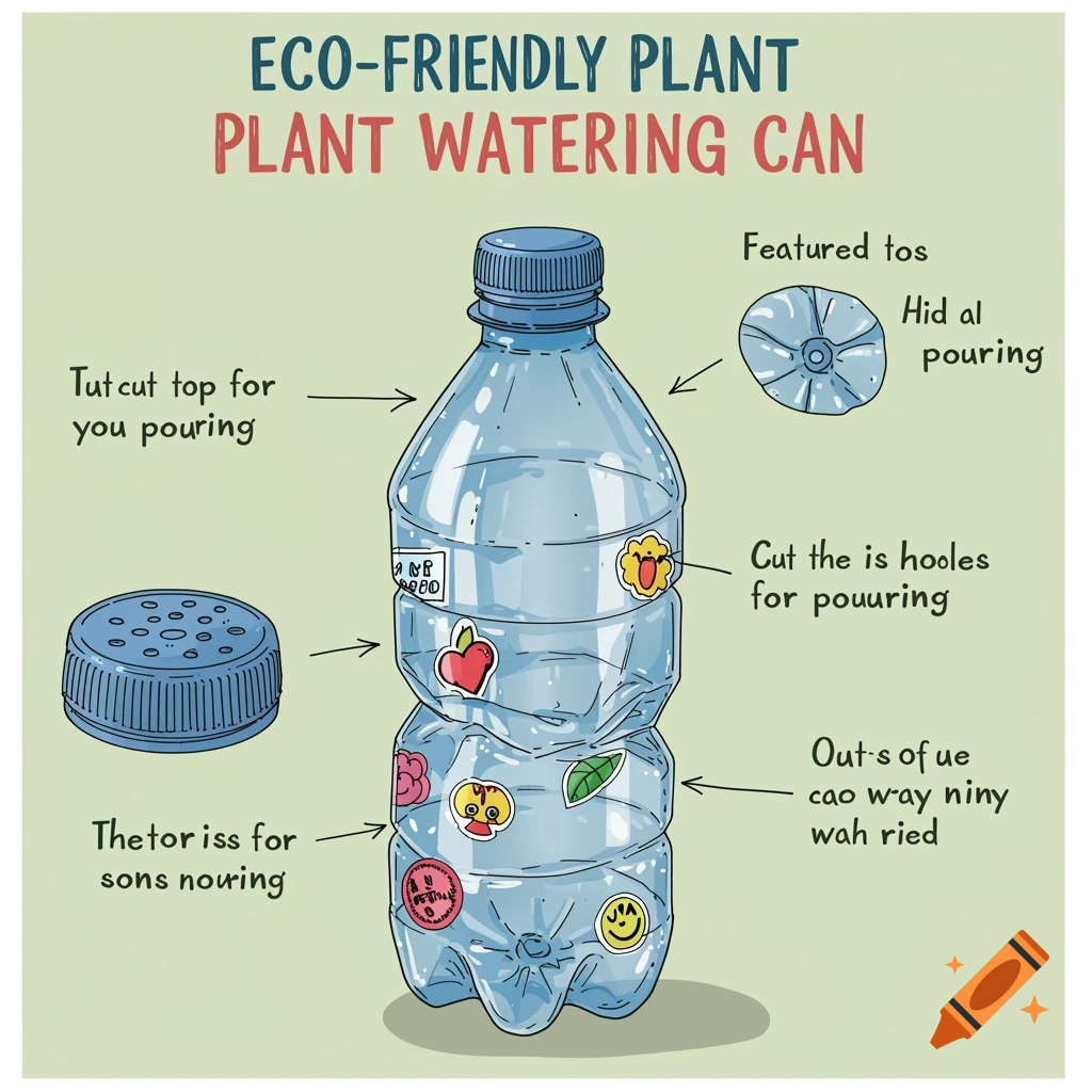 Drawing of a colorful, repurposed plastic bottle watering can with ...