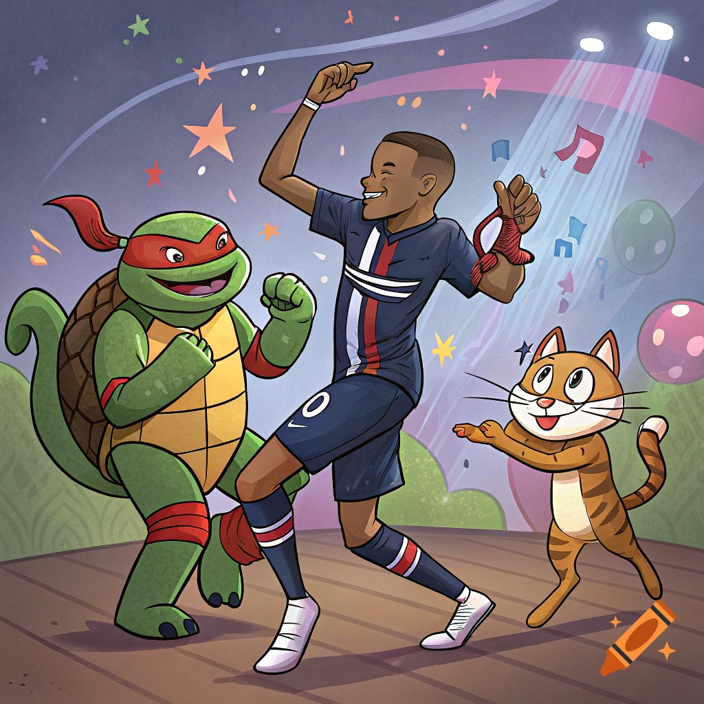 Cartoon illustration of Mbappe dancing with a Teenage Mutant Ninja ...