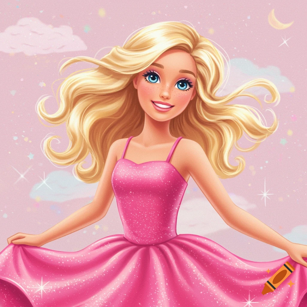 A digital illustration of a blonde Barbie doll with blue eyes smiling in a pink ruffled dress ...