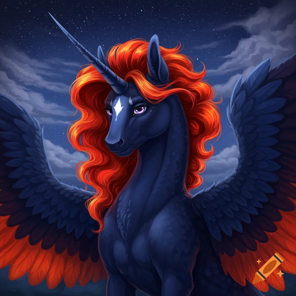 Blue roan alicorn with fire mane and tail on Craiyon