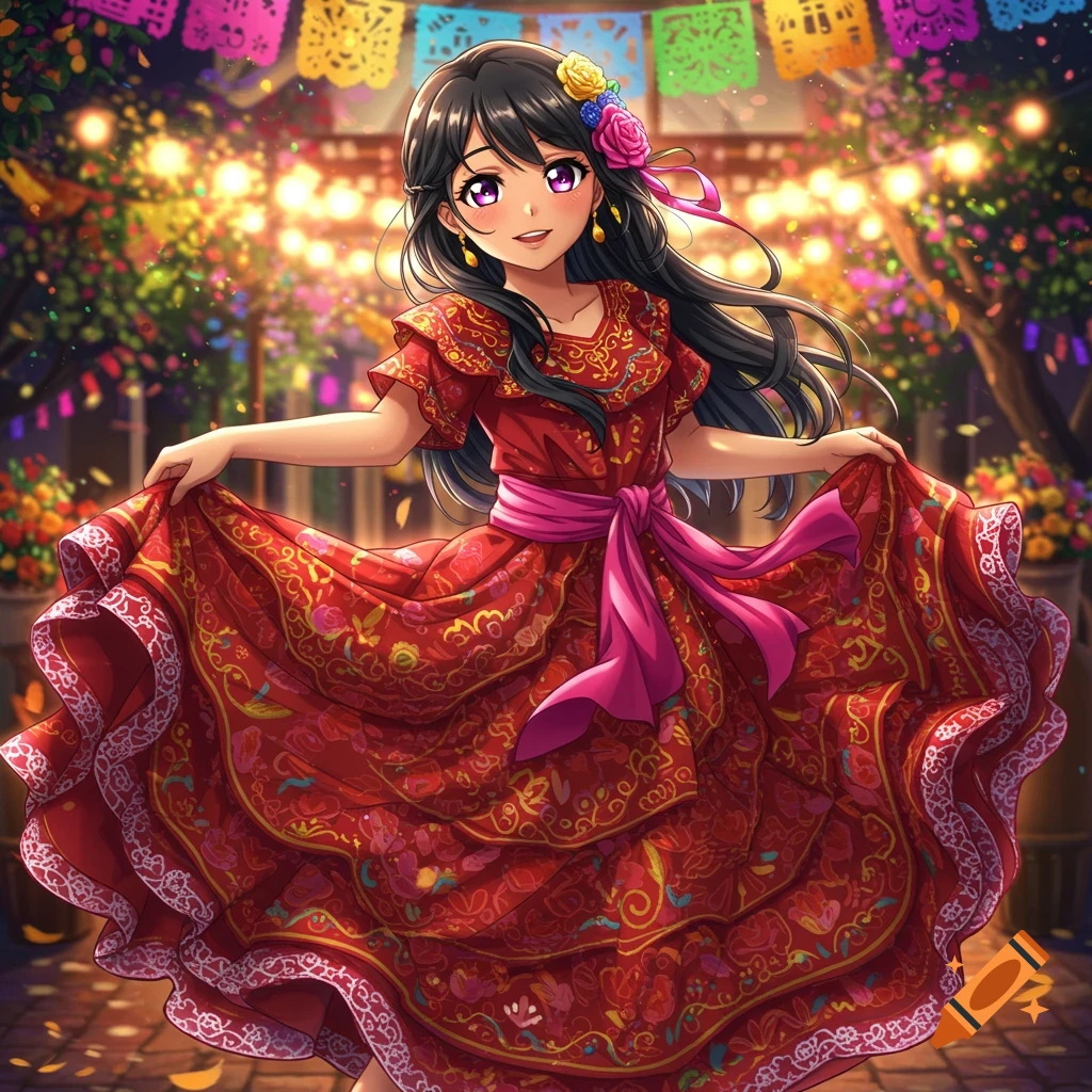 Anime girl in a vibrant red Mexican dress dancing at a lively fiesta ...