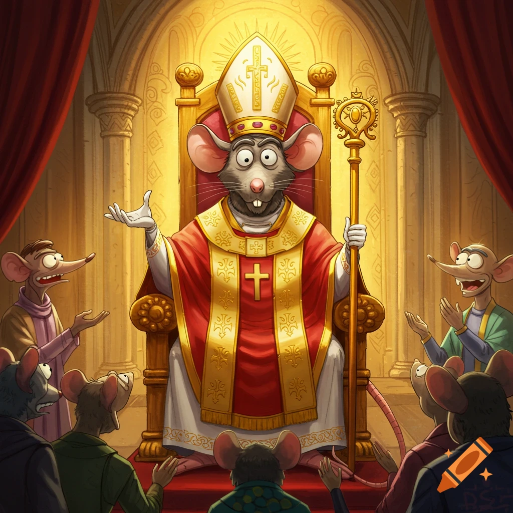 A rat dressed as a pope sits on a throne, addressing other rats in a ...