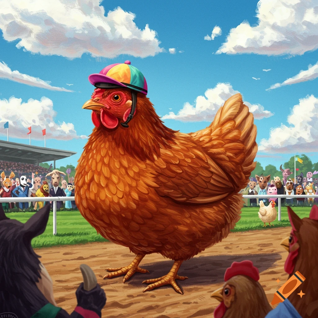 A chicken wearing a jockey helmet rides a horse on a race track. on Craiyon