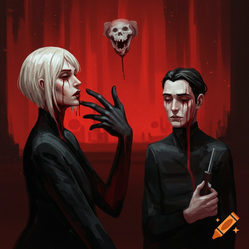 Two figures with stylized blood on their faces, a floating dog skull ...
