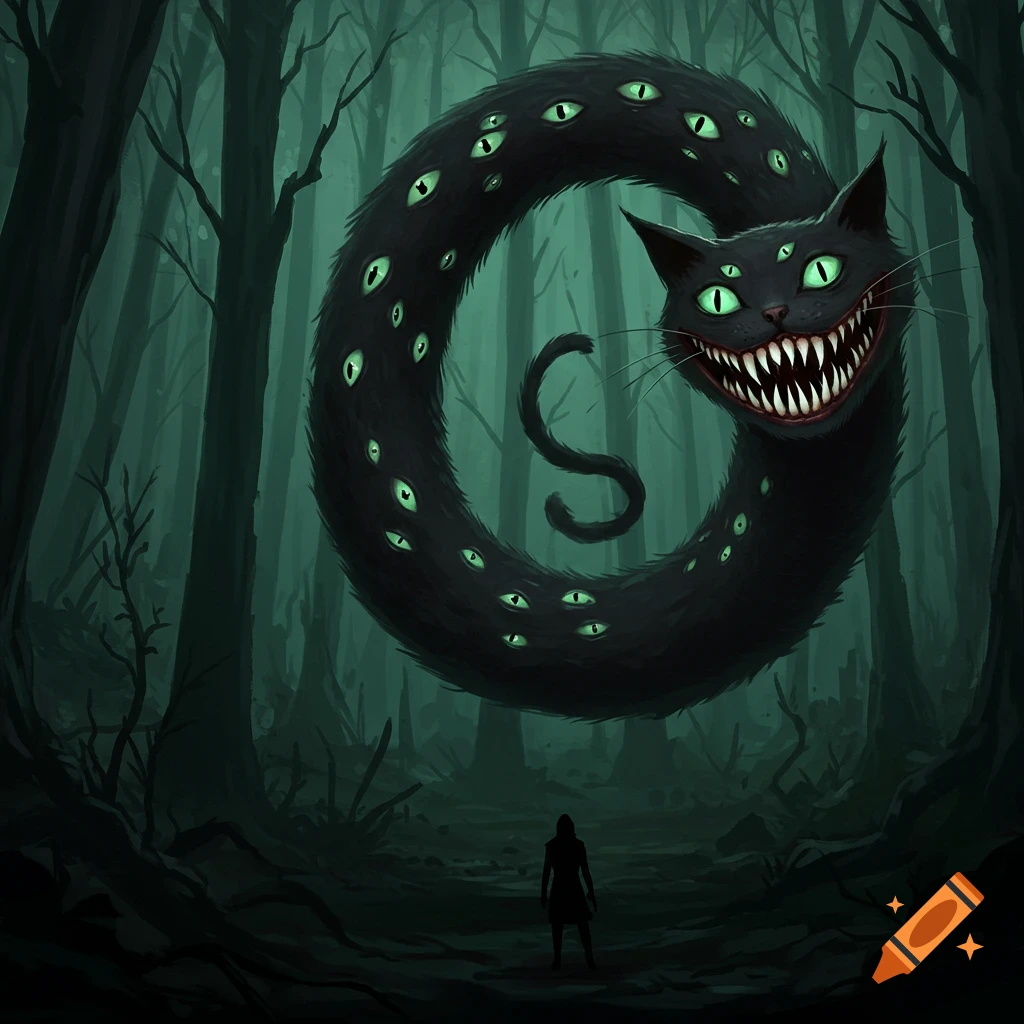 Giant floating cat monster with multiple eyes and sharp teeth in a ...