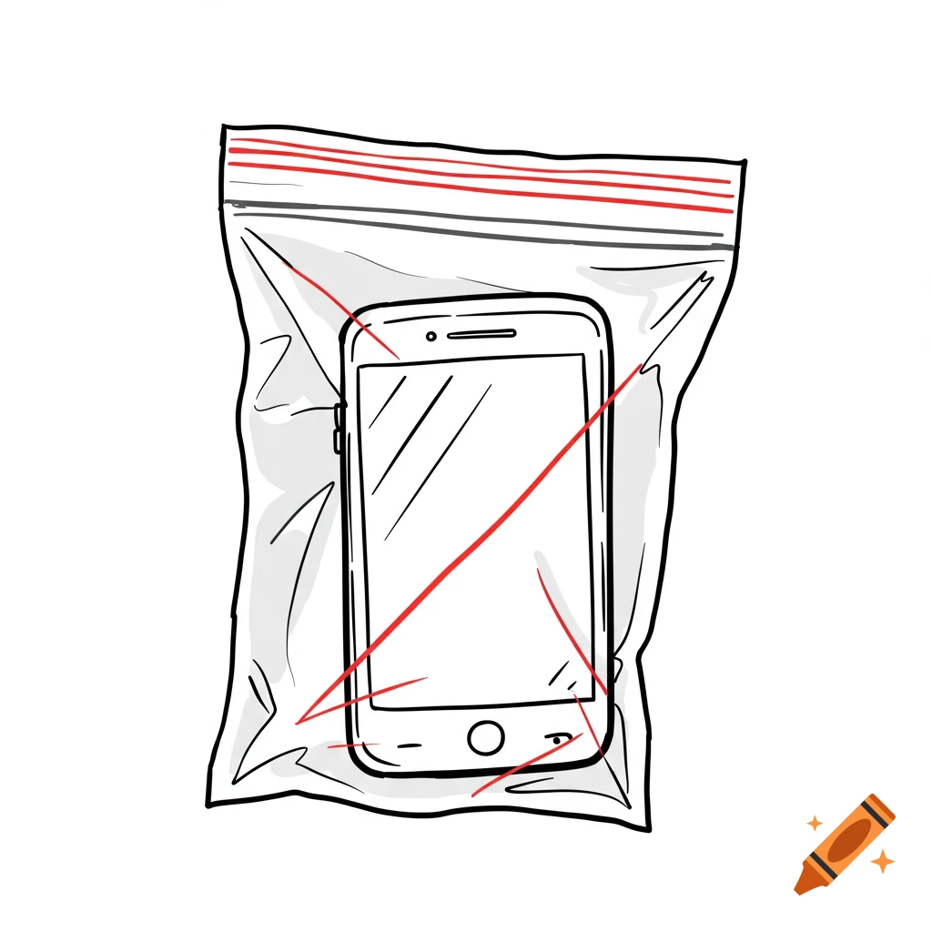 Cellphone in a ziplock bag, simple black and red drawing on Craiyon