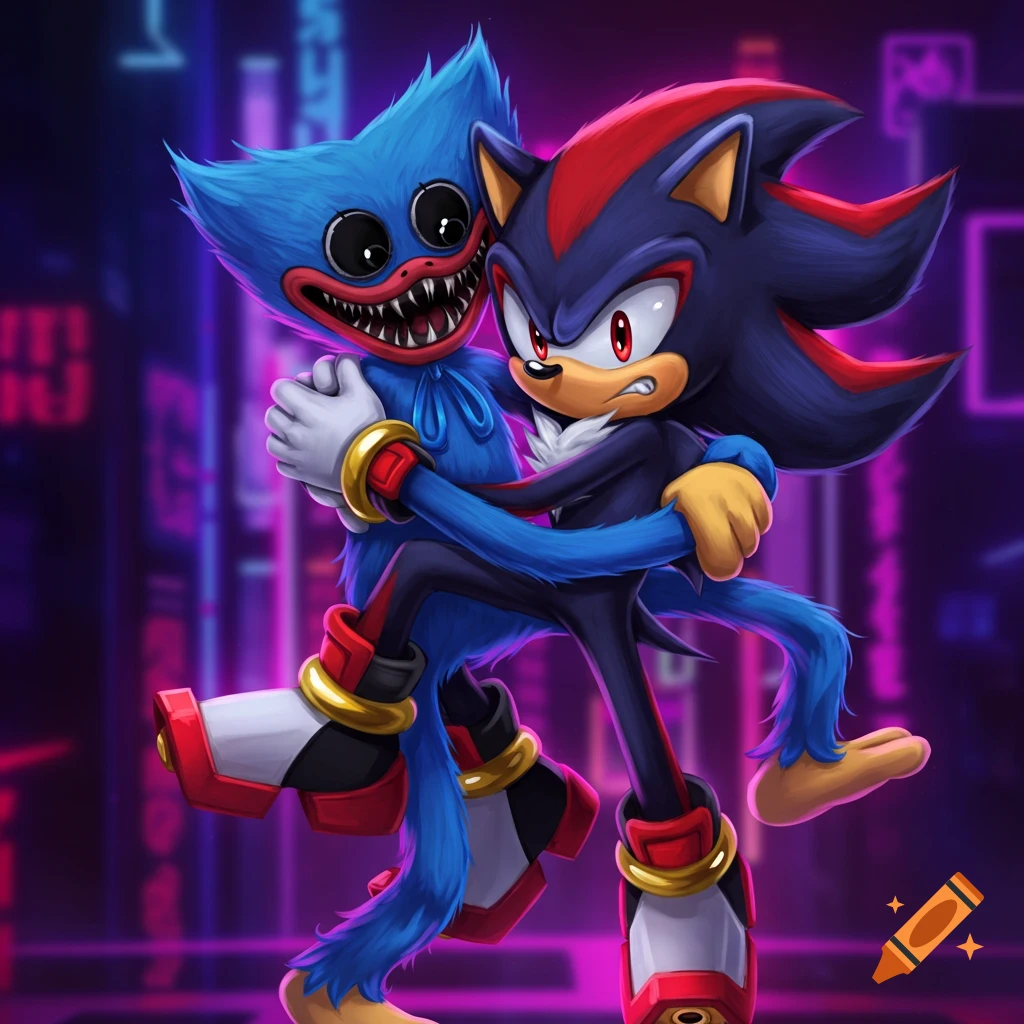 Huggy Wuggy hugging Shadow the Hedgehog. on Craiyon