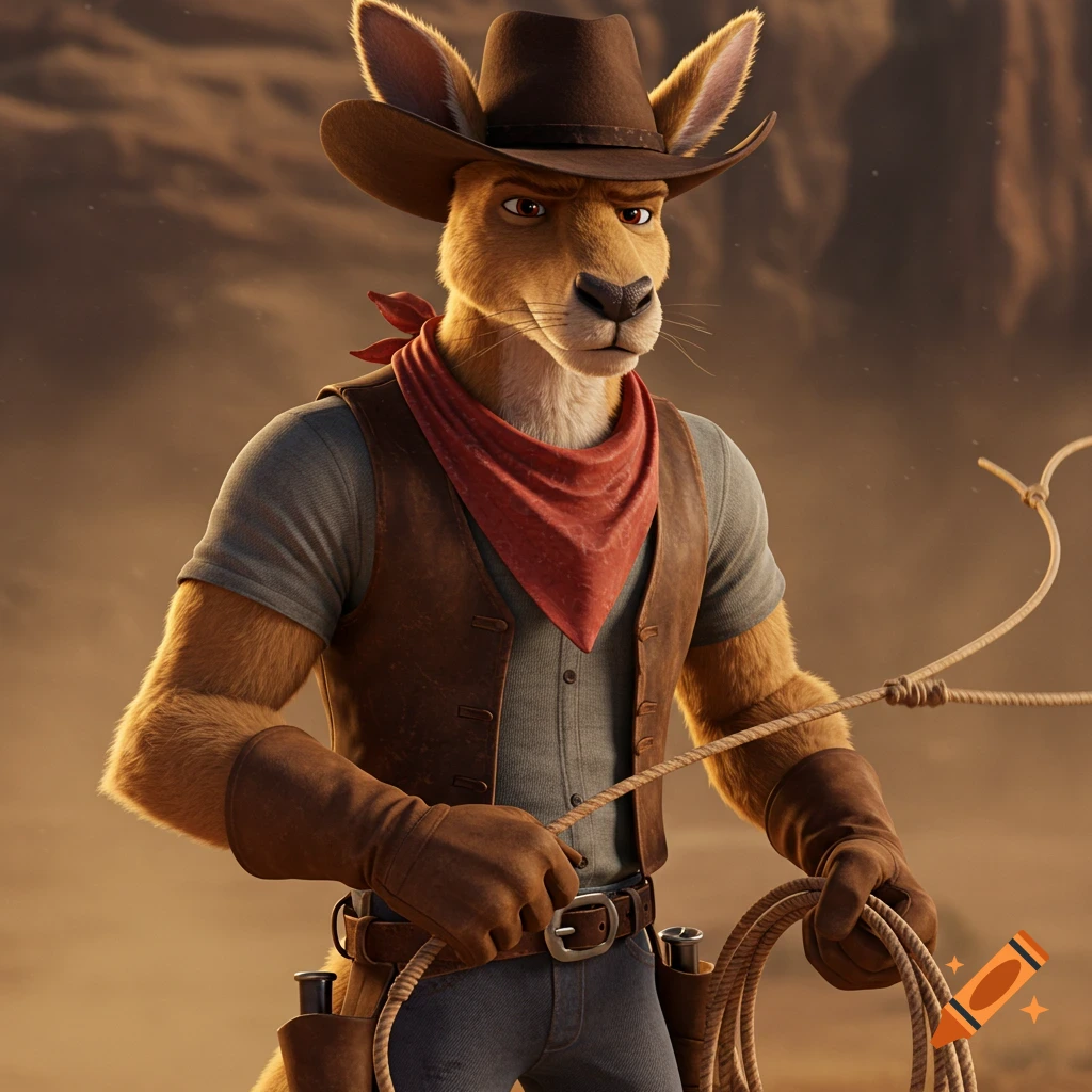 Tex Buckaroo, anthropomorphic kangaroo cowboy, Pixar-style animation on ...