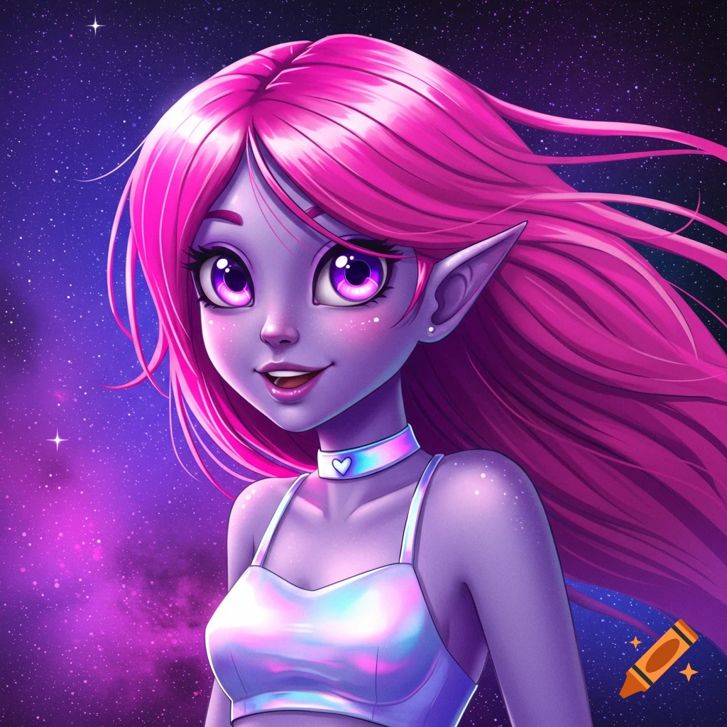 Anime alien girl with purple hair and green eyes, wearing a futuristic ...