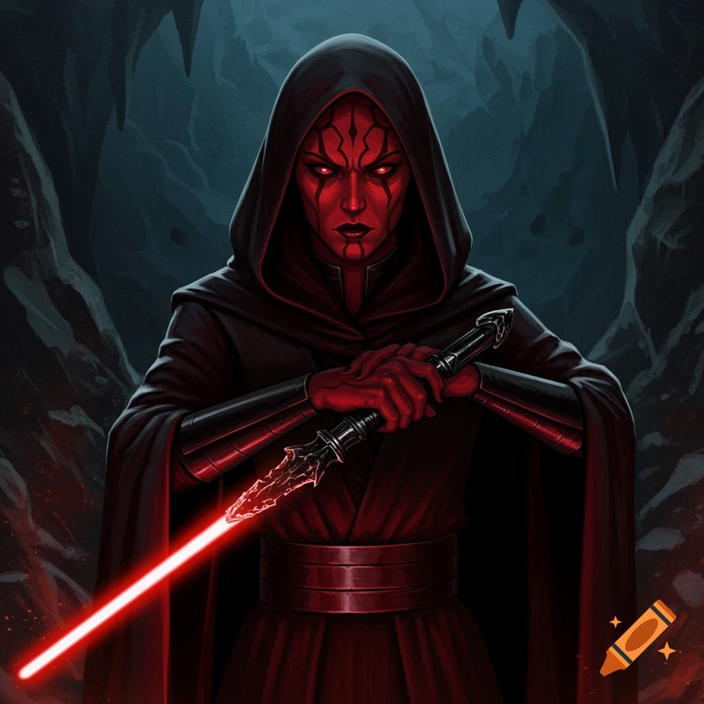 A character with red skin and markings is holding a red lightsaber ...