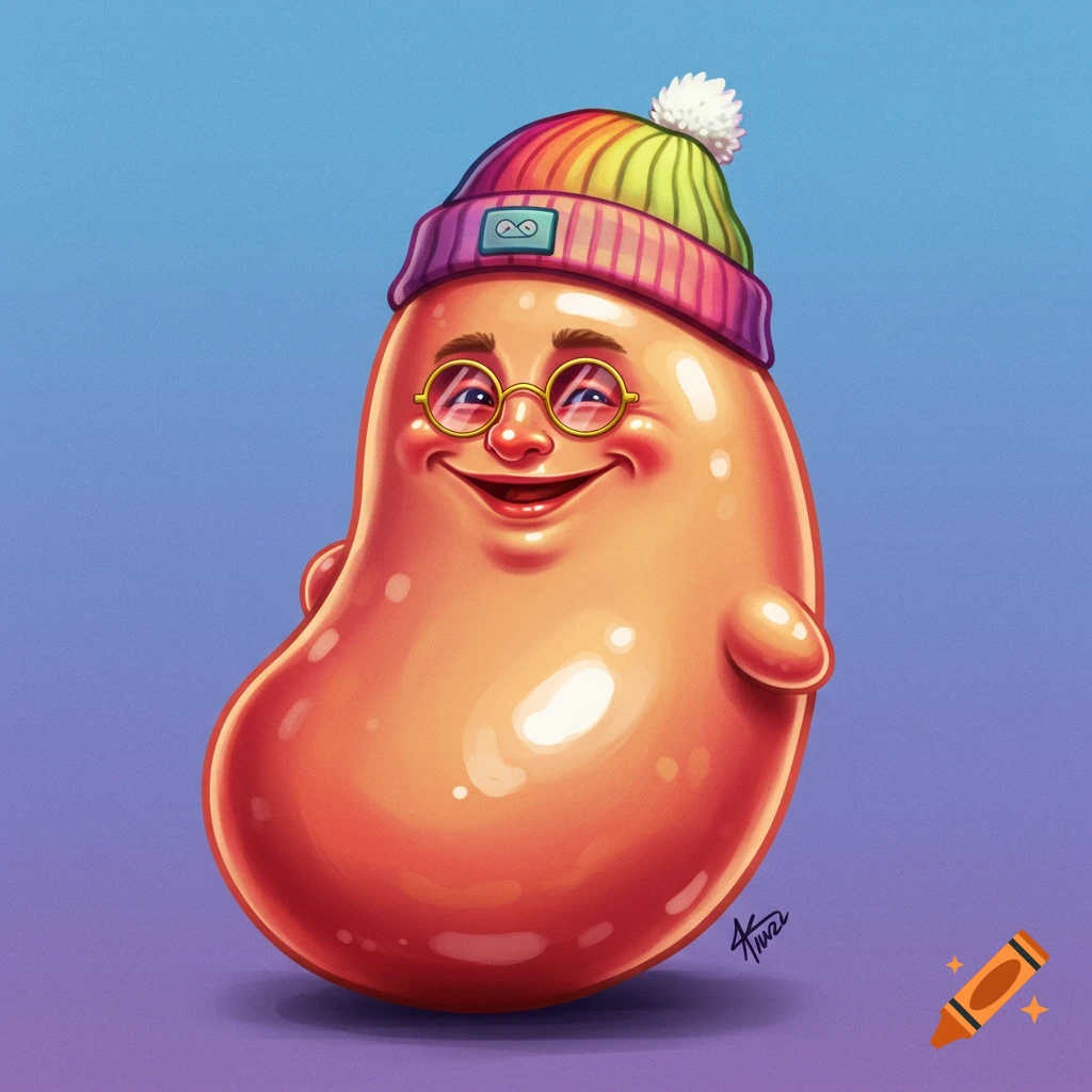 Cartoon potato wearing a rainbow beanie and round sunglasses on Craiyon