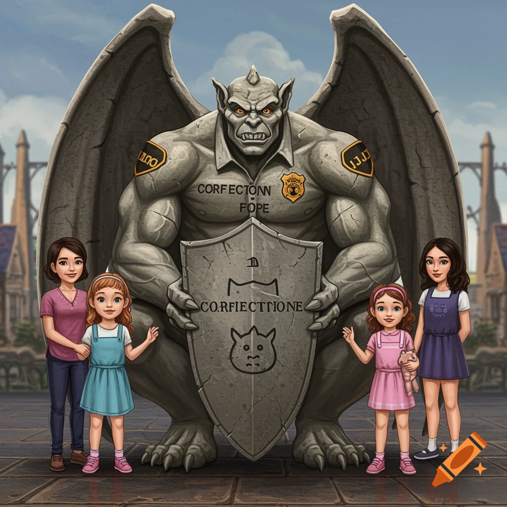 Happy family protected by muscular stone gargoyle. on Craiyon