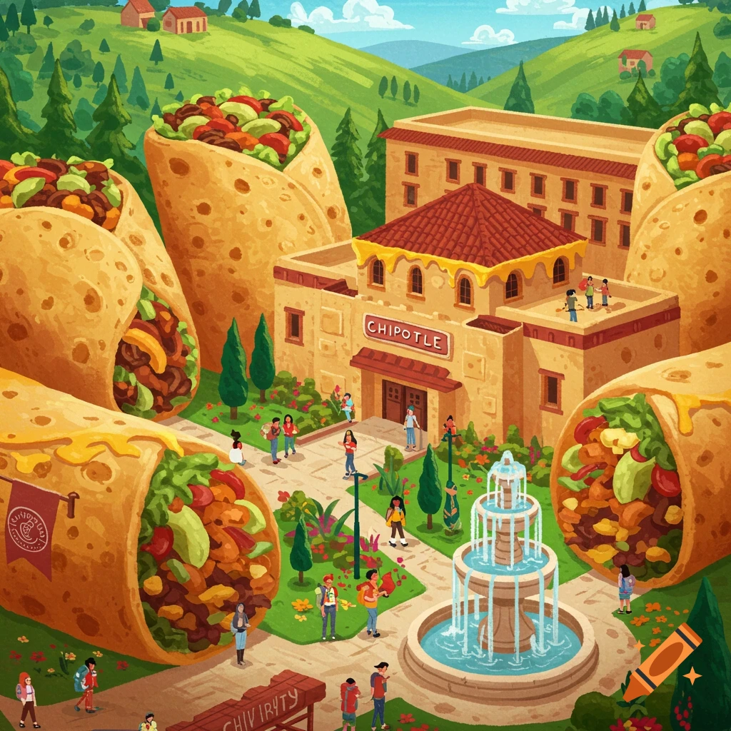 Illustration of Chipotle University campus surrounded by giant burritos ...