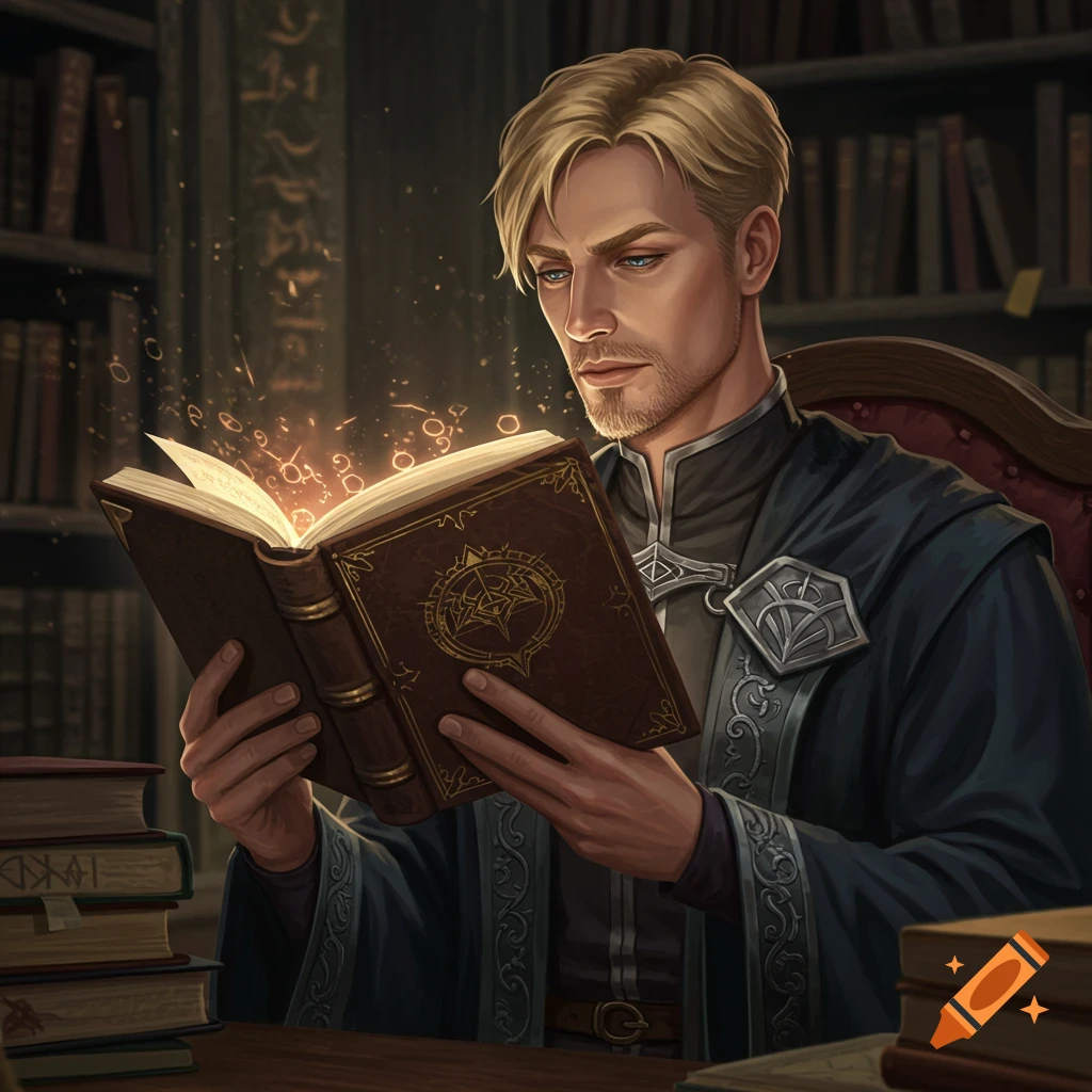 Blonde man with stubble in midnight wizard robes reading on Craiyon