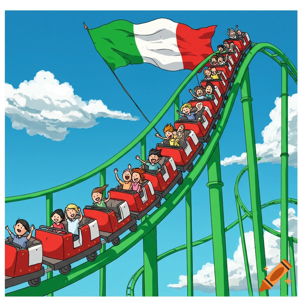A roller coaster full of happy people with a large Italian flag ...
