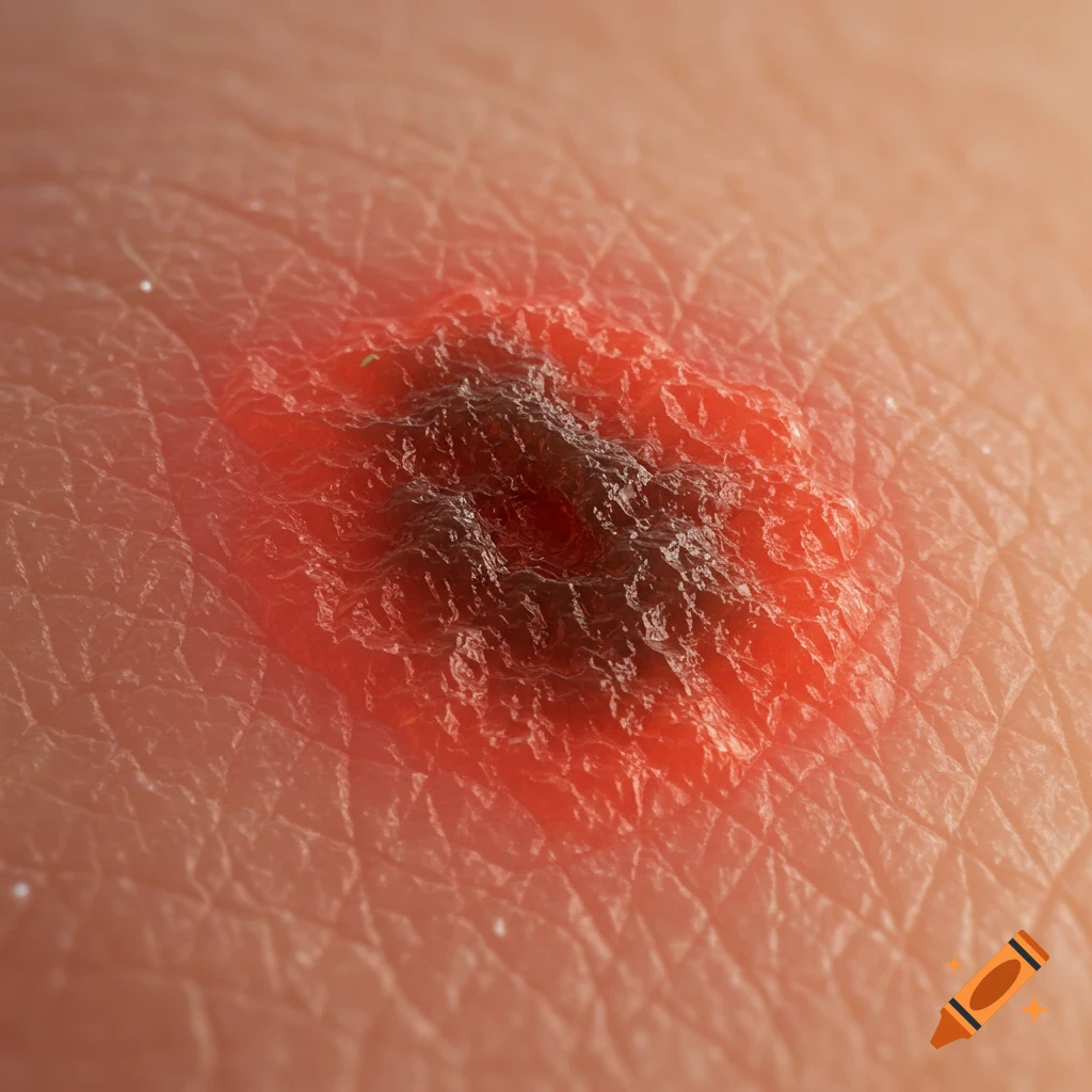 Close-up of an inflamed scab on skin from a mosquito bite. on Craiyon