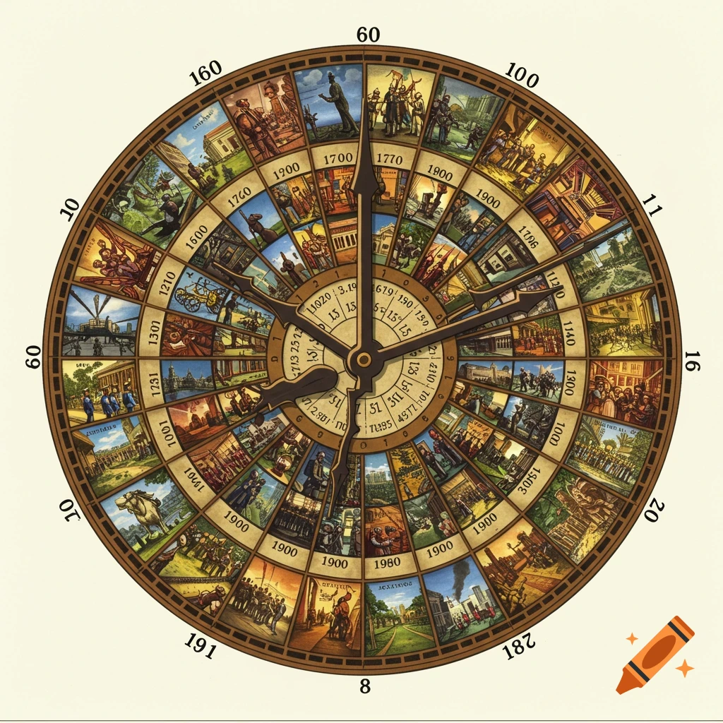 Clock design representing U.S history with colored images for different ...