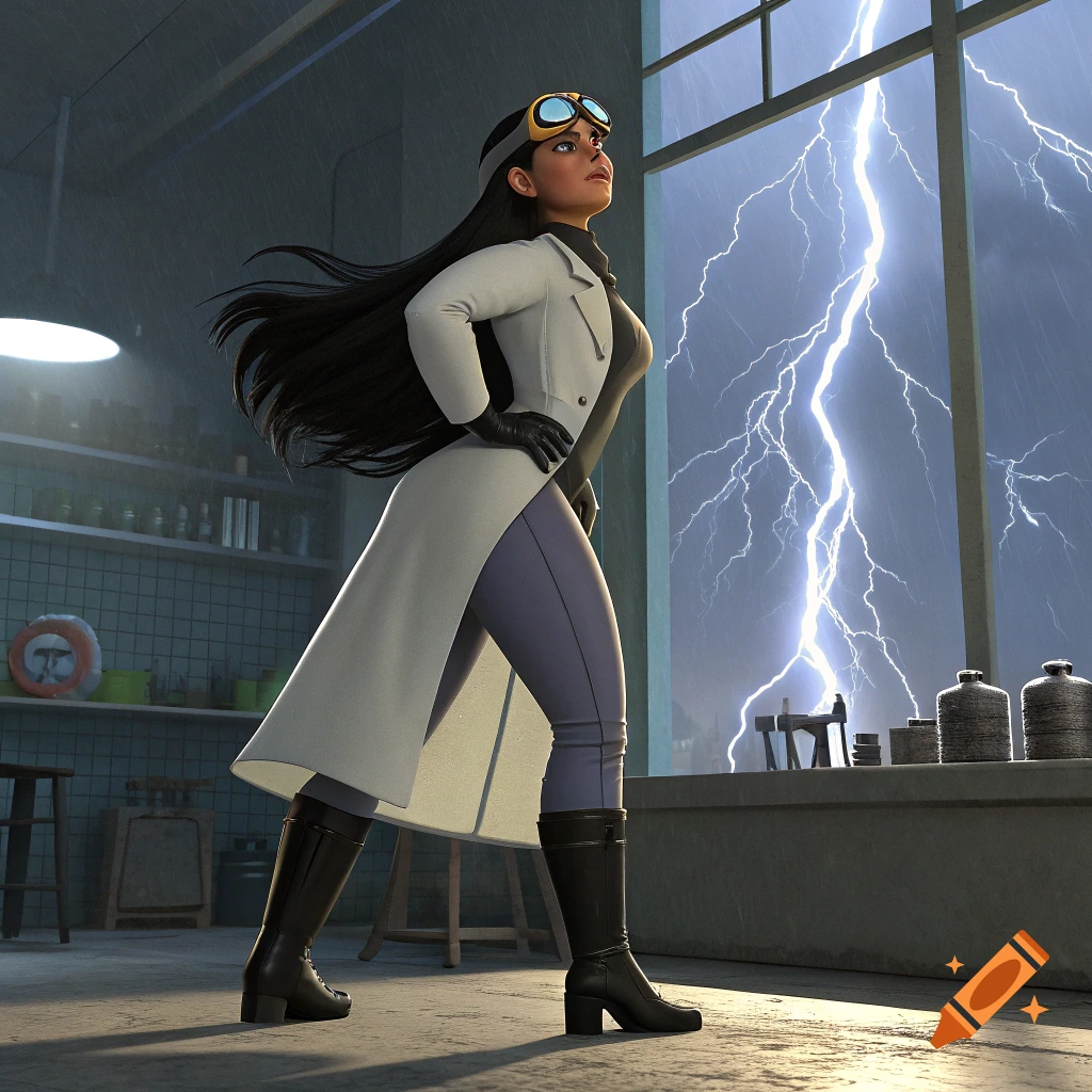 Pixar-style CGI image of a female mad scientist with wide hips and ...