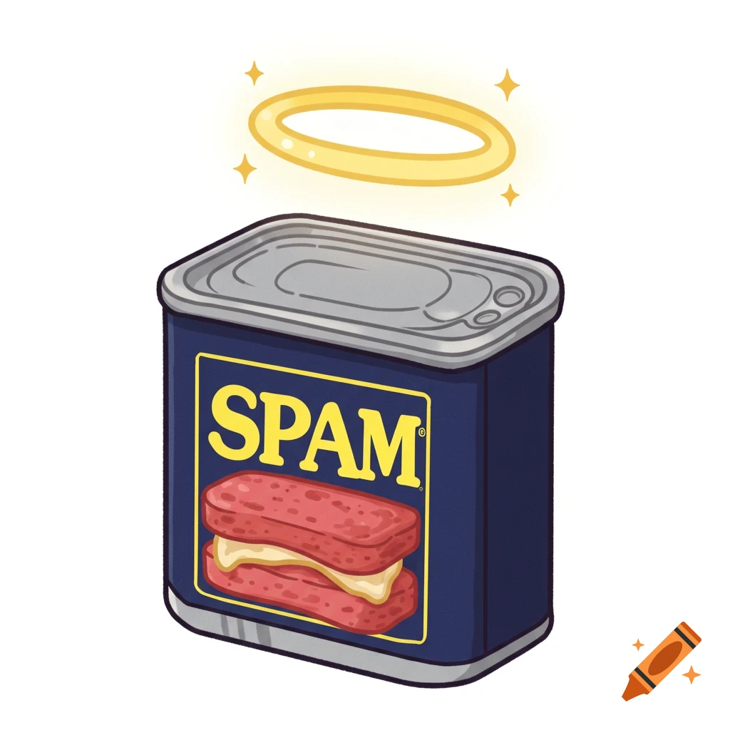 Cartoon emoji of a Spam can with a halo on Craiyon