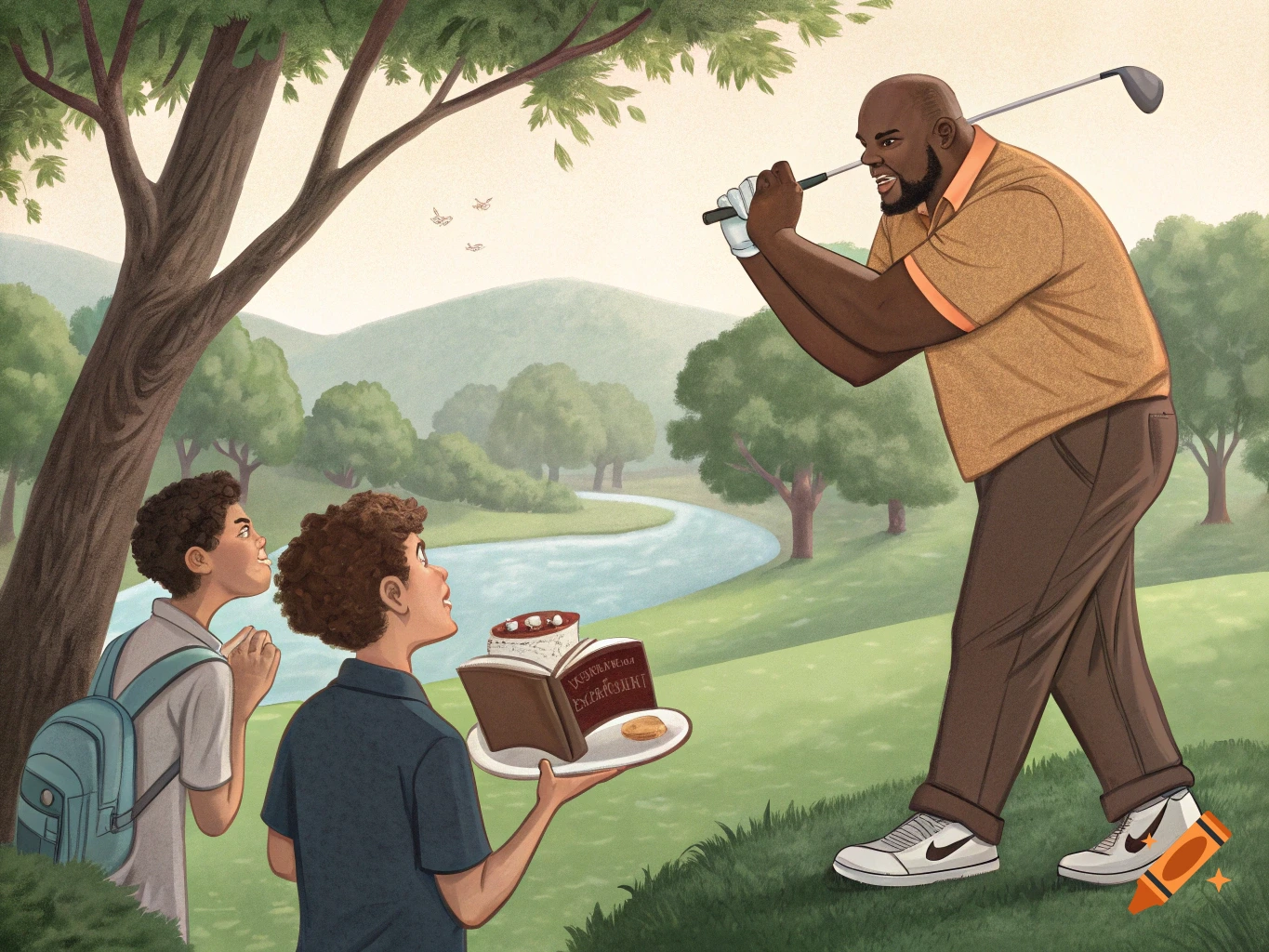 Shaquille O'Neal playing golf with Dylan and a short man on Craiyon