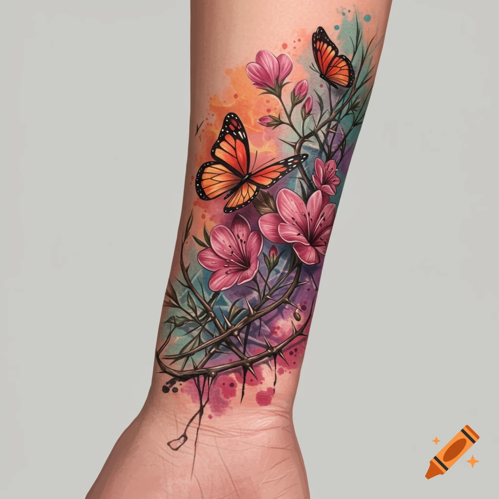 Wrist tattoo with butterflies, flowers, and symbols of life lessons on ...