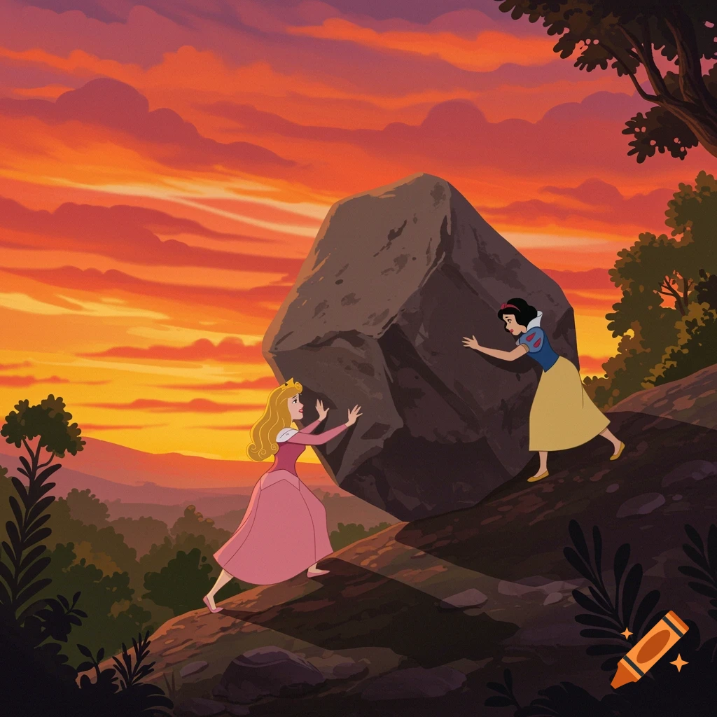 Princess Aurora and Snow White pushing boulder, digital art on Craiyon